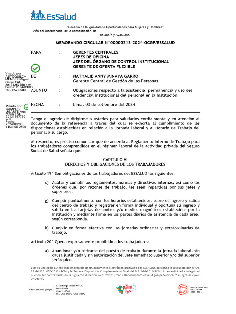 Memorando Circular N°00000213-2024-Gcgp-Essalud | PDF