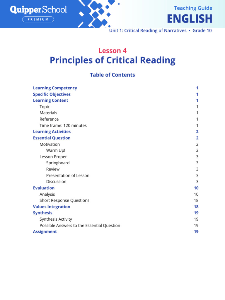 PDF TG - English 10 - Unit 1 - Lesson 4 - Principles of Critical ...