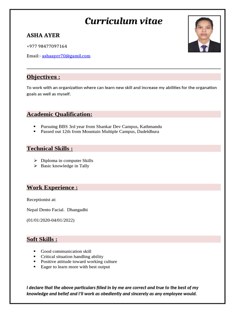 Curriculum Vitae: Asha Ayer | PDF
