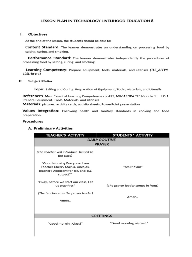 Lesson Plan in Technology Livelihood Education 8 | PDF | Curing (Food ...