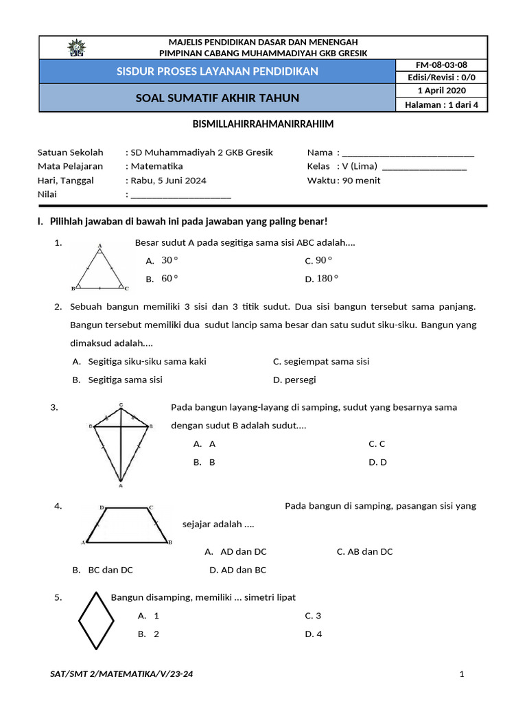 SOAL SAS MTK KELAS 5 HITAM PUTIH Rev | PDF