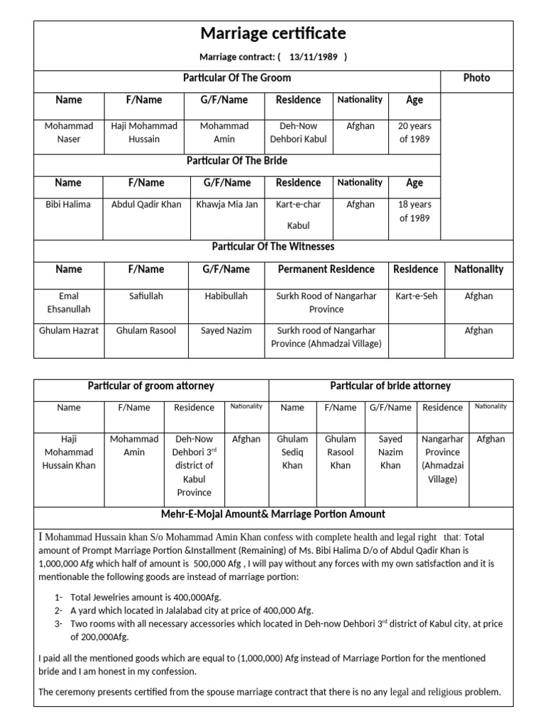 Amir and Bibi Zahra Marrige Certificate | PDF
