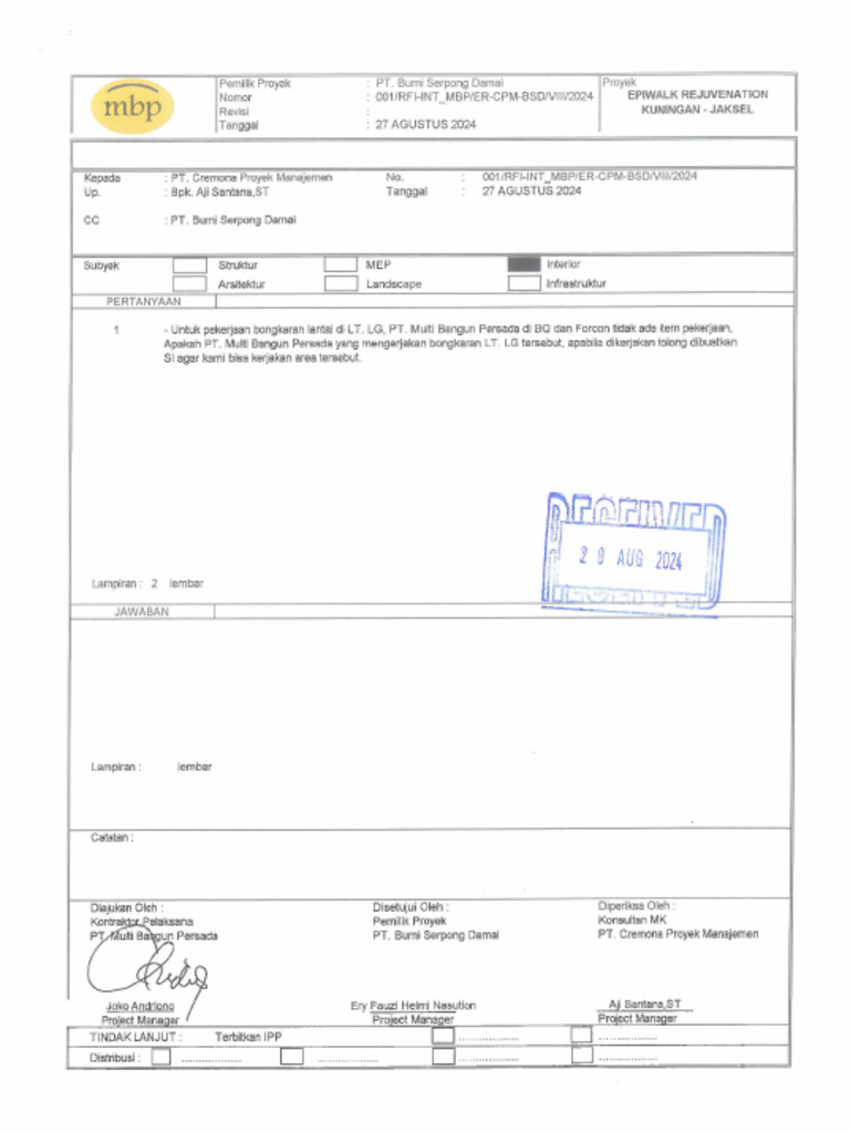 RFI MBP 001. Pekerjaan Pembongkaran Lantai di Lantai LG | PDF