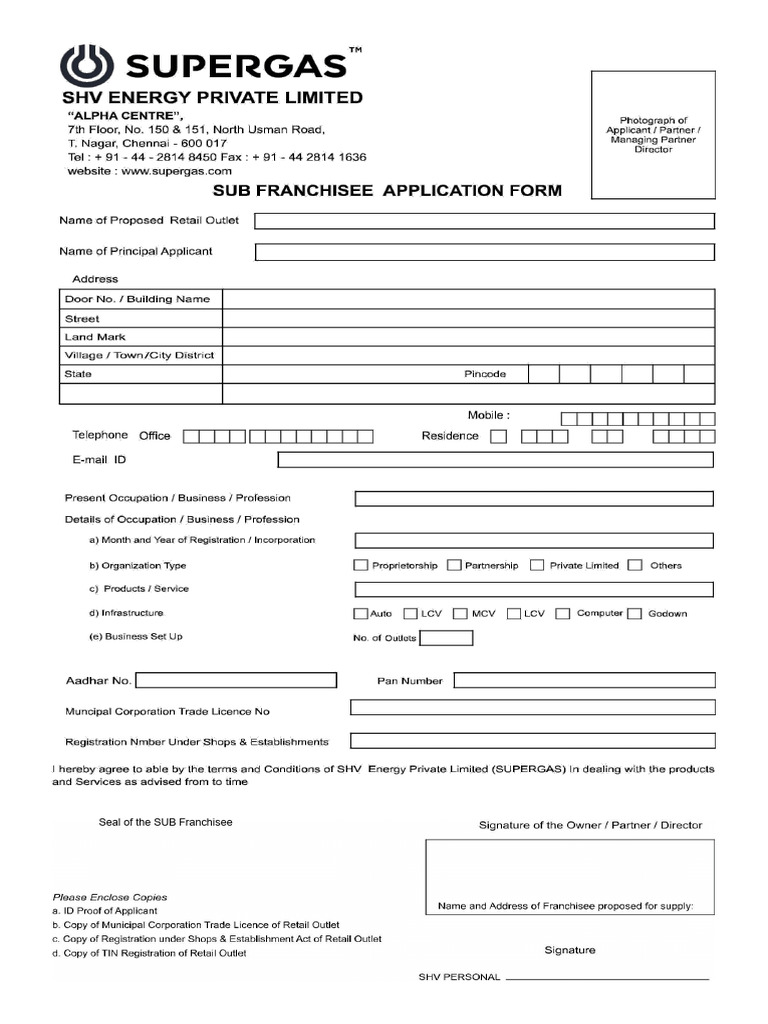 SUPERGAS Sub Franchisee Application Form | PDF