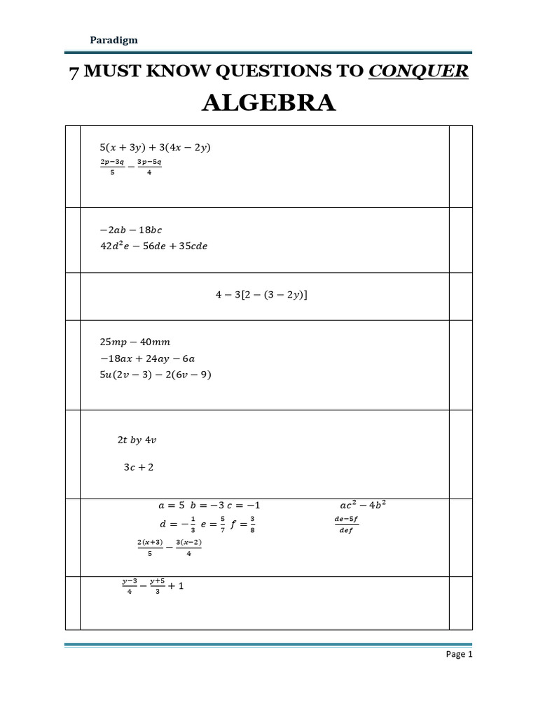 Sec 1 Paradigm Math Basic Algebra Algebra Manipulation | PDF
