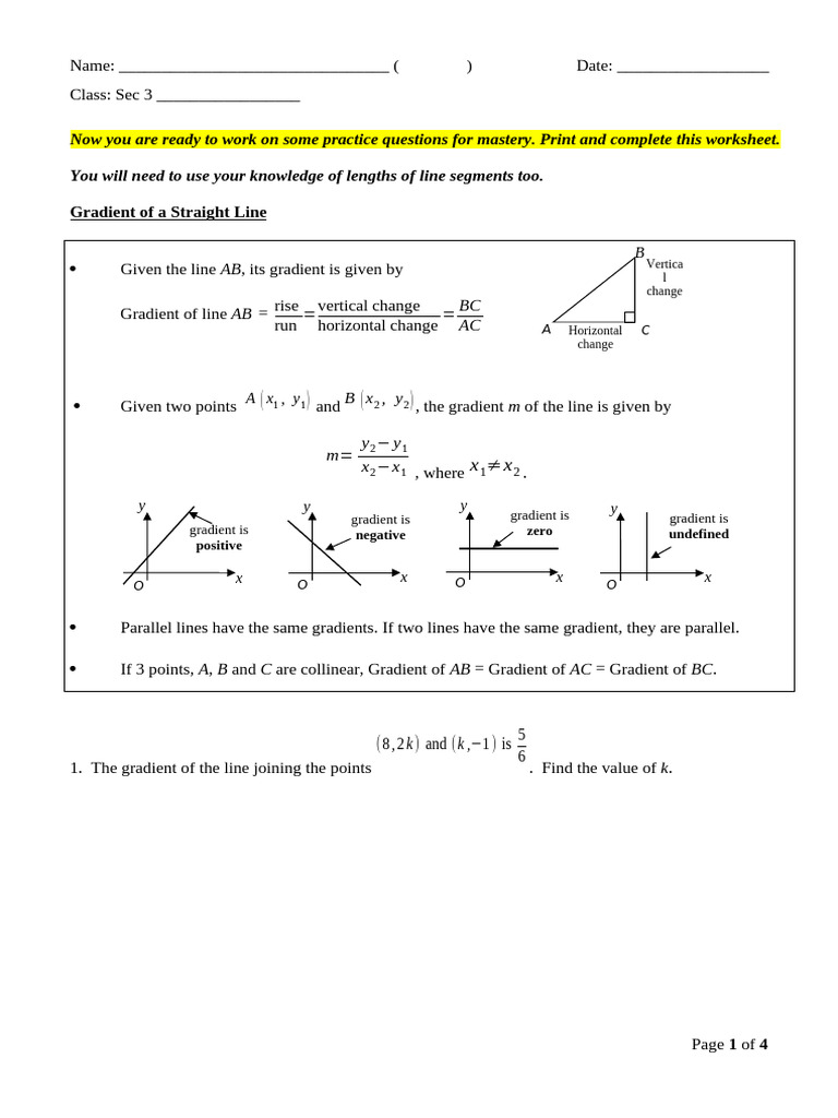 Gradient of A Straight Line | PDF
