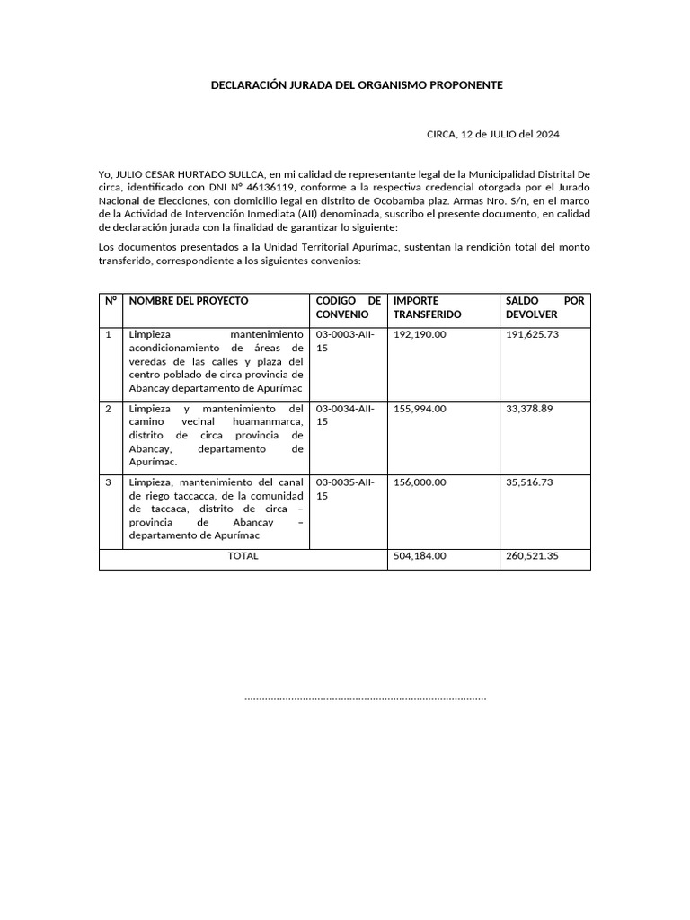 Declaración Jurada Del Organismo Proponente Anco Huallo | PDF
