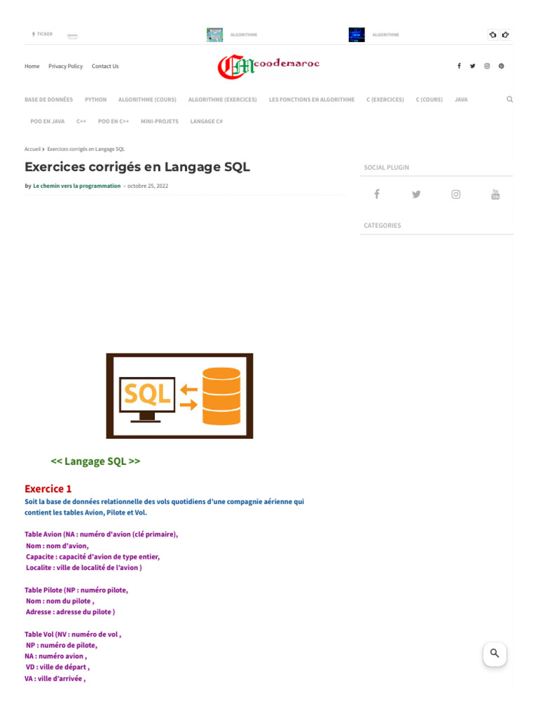 Exercices Corrigés en Langage SQL | PDF Exercices Corrigés en Langage SQL | PDF