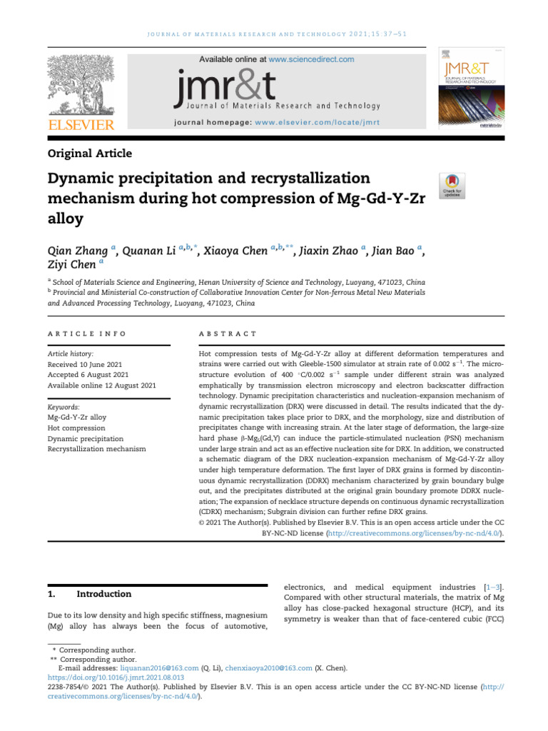 Dynamic Precipitation and Recrystallization Mechanism During Hot Compression of Mg-Gd-Y-Zr Alloy ...