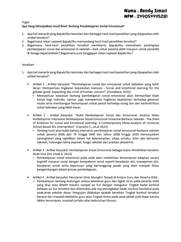 Apa Yang Ditunjukkan Hasil Riset Tentang Pembelajaran Sosial Emosional | PDF