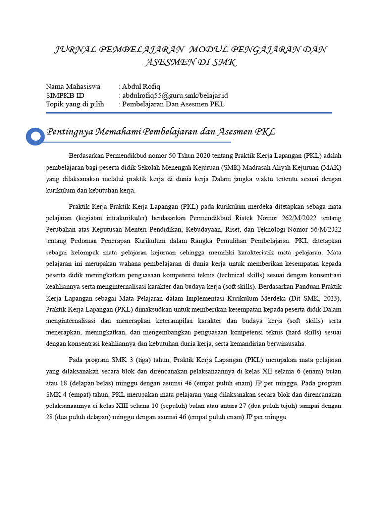 Jurnal Pembelajaran Modul Pengajaran Dan Asesmen Di SMK | PDF