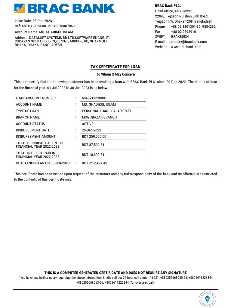 Brac Bank Loan.2022-2023 | PDF