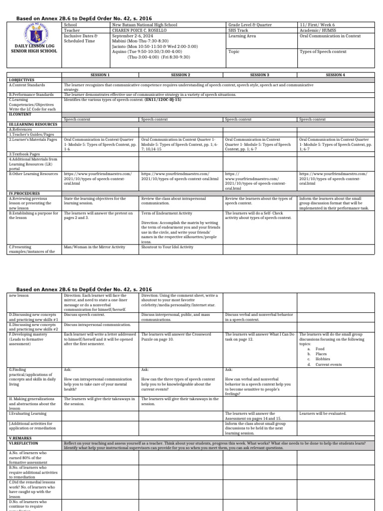 Daily Lesson Log Senior High School: Based On Annex 2B.6 To Deped Order No. 42, S. 2016 | PDF