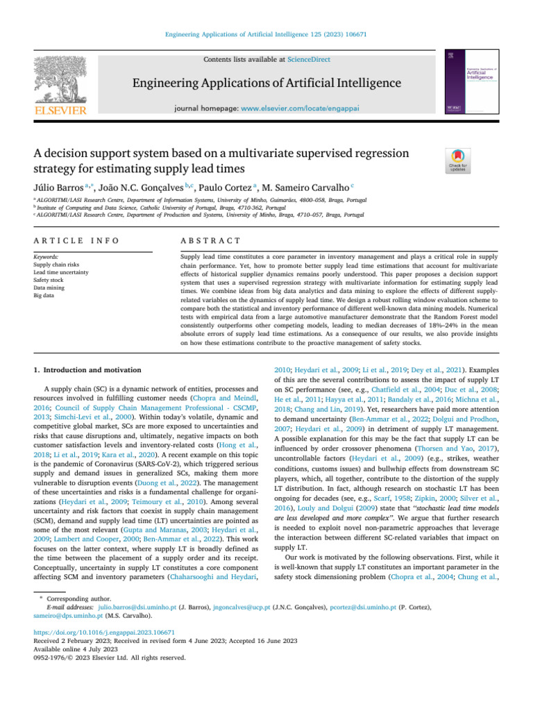 ART Supervised Regression For Estating Supply Lead Times | PDF