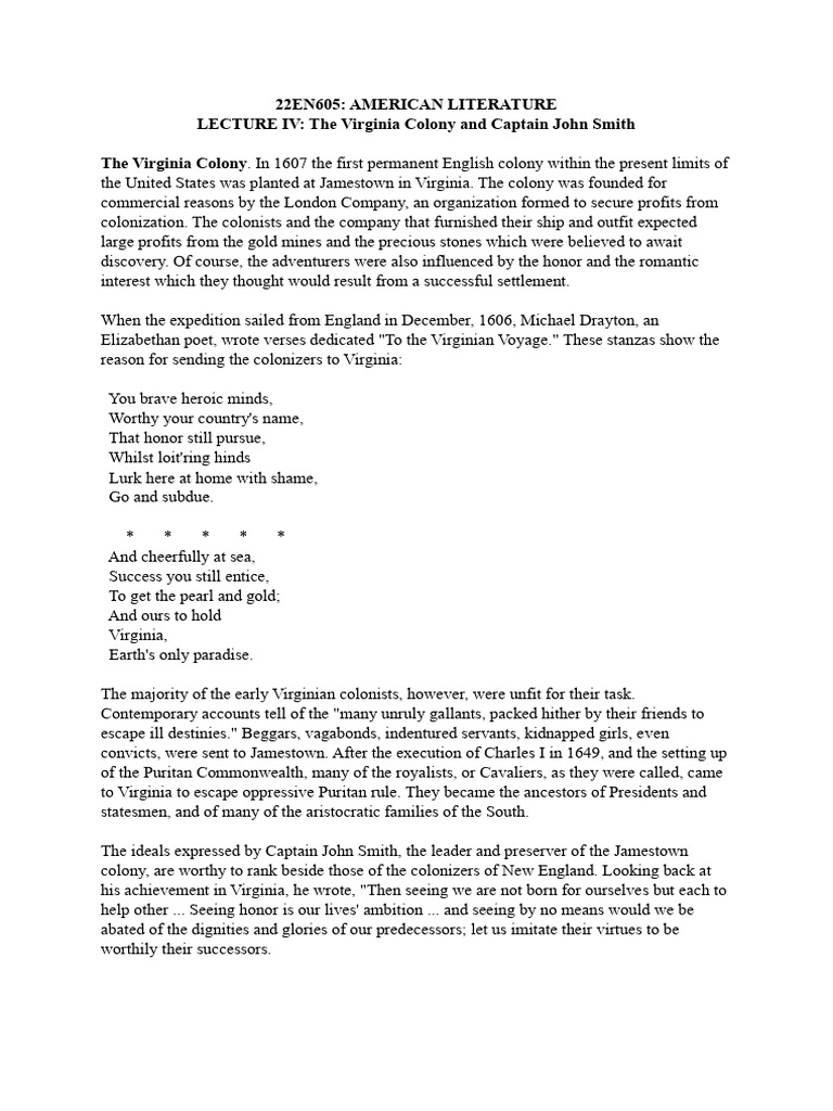 The Virginia Colony and John Smith | PDF | Jamestown, Virginia