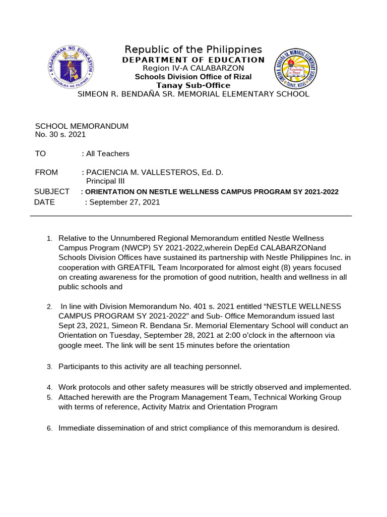 School Memo 30 Wellness | PDF