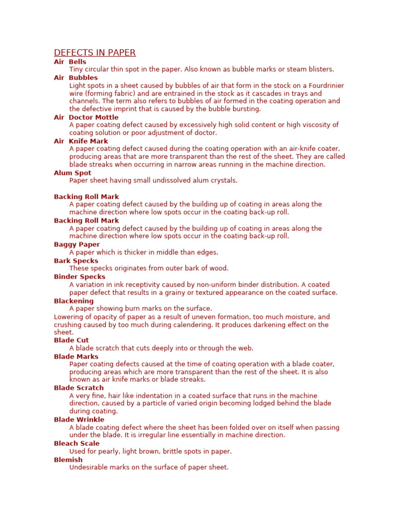 Defects in Paper List | PDF
