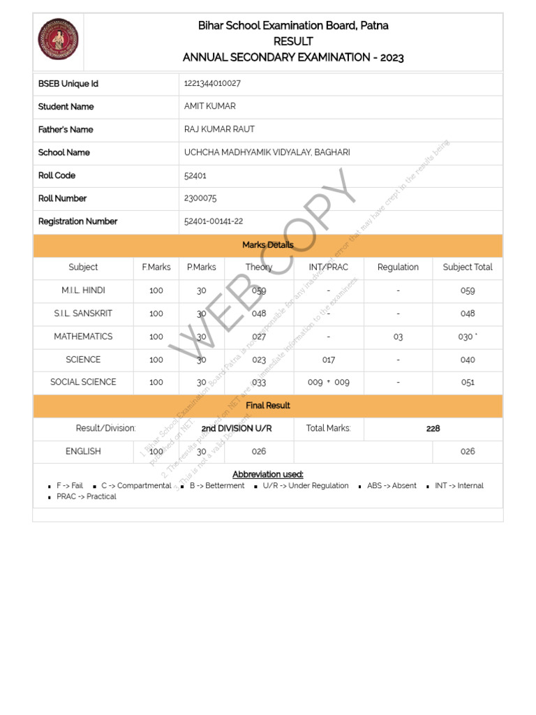 Secondary Annual Result 2023 | PDF