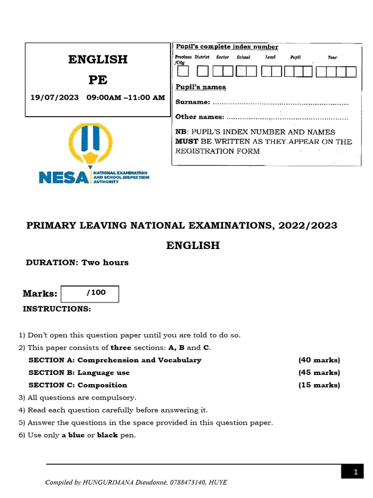 p6 English National Examinations 2022 2023 and Its Marking Guide | PDF
