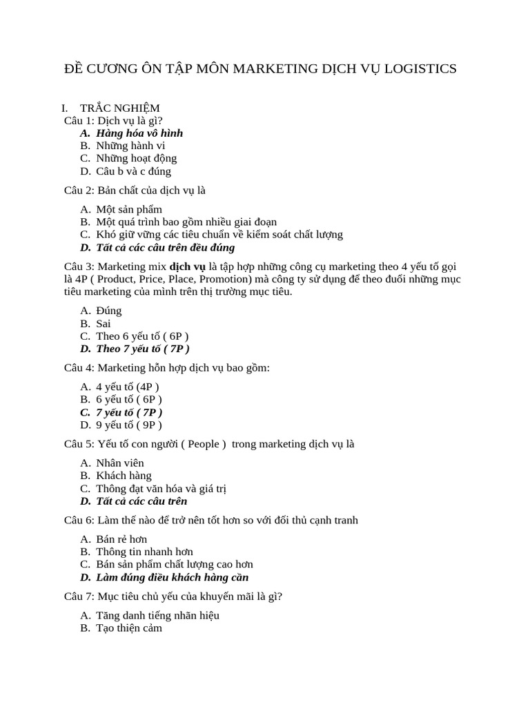 (123doc) de Cuong On Tap Mon Marketing Dich Vu Logistics | PDF