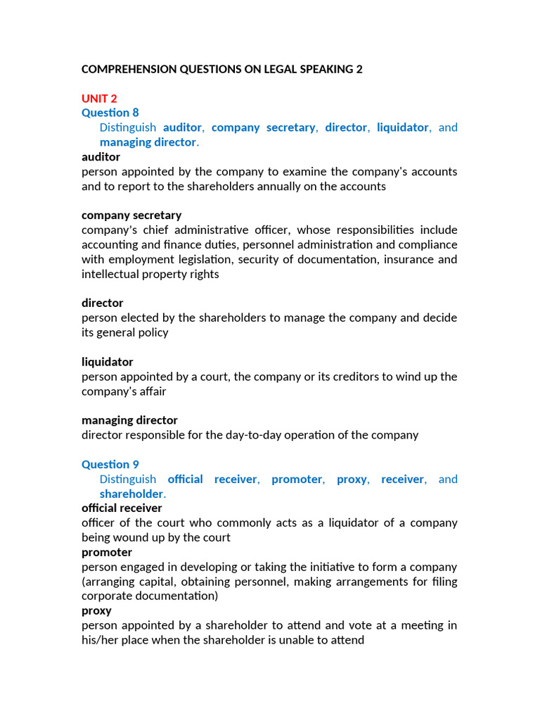 Com-Ile U 2 Questions On Legal Speaking 2 | PDF