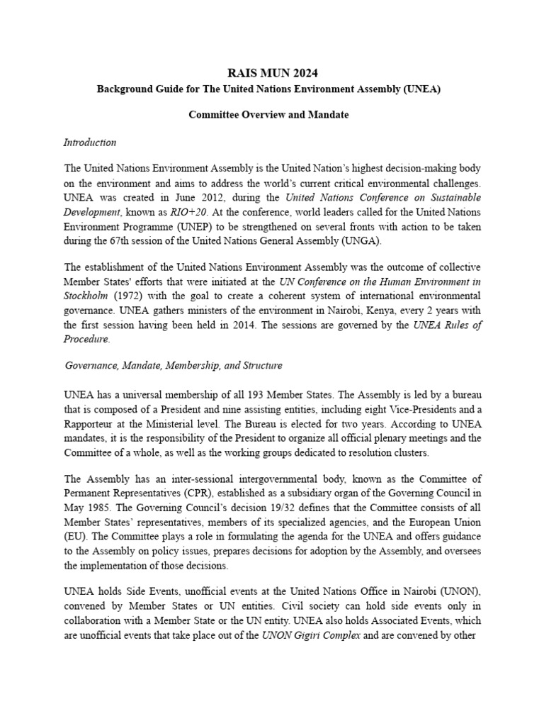 UNEA - Background Guide - RAIS MUN 2024 | PDF