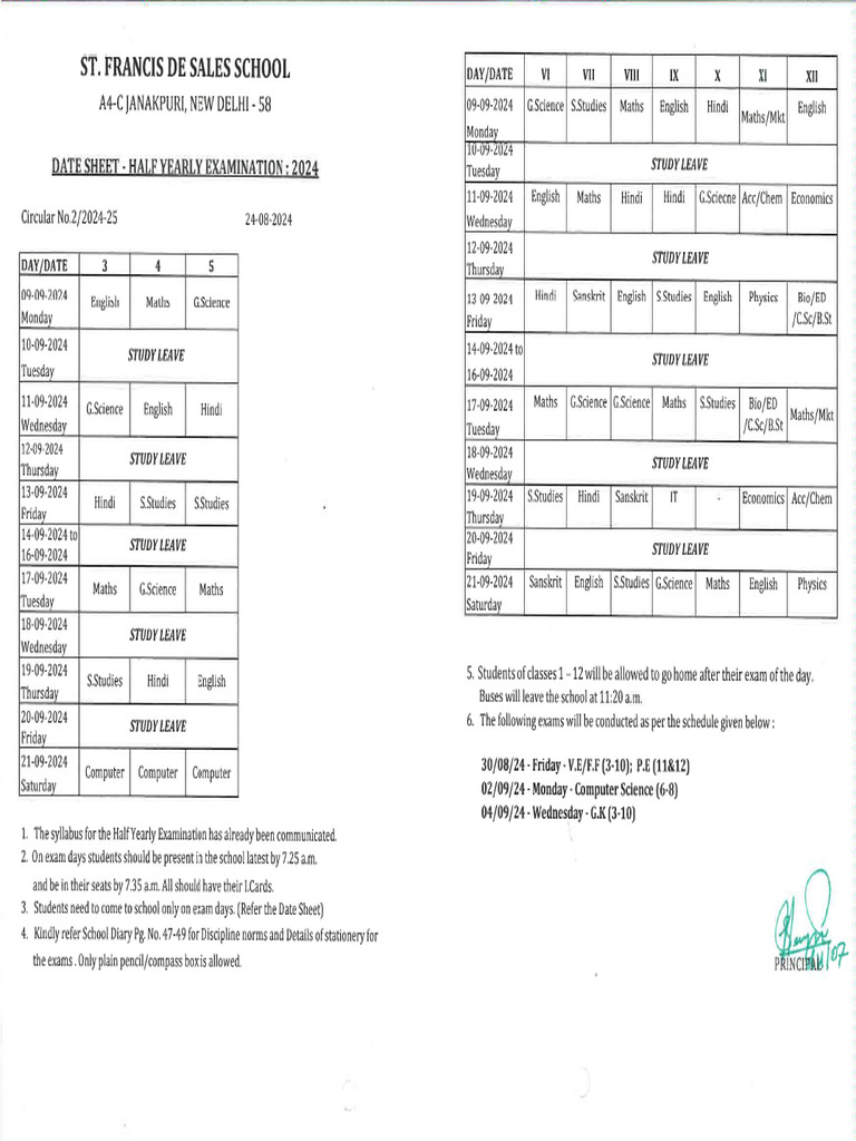 Date Sheet Half Yearly | PDF