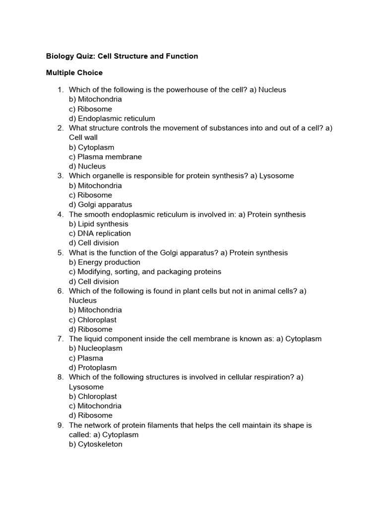 Biology Quiz 1 - Cell Structure and Function | PDF