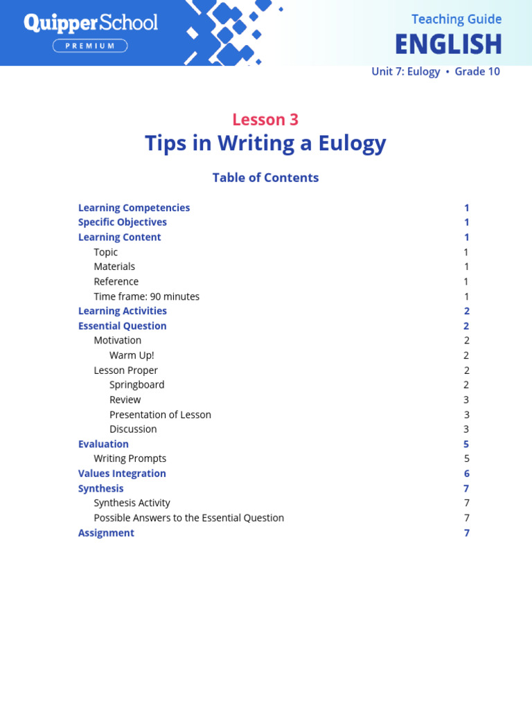 PDF TG - English 10 - Unit 7 - Lesson 3 - Tips in Writing A Eulogy | PDF | Learning