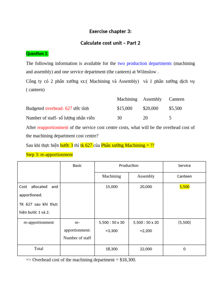 Exercise chapter 3 - Calculate unit cost - Part 2 | PDF