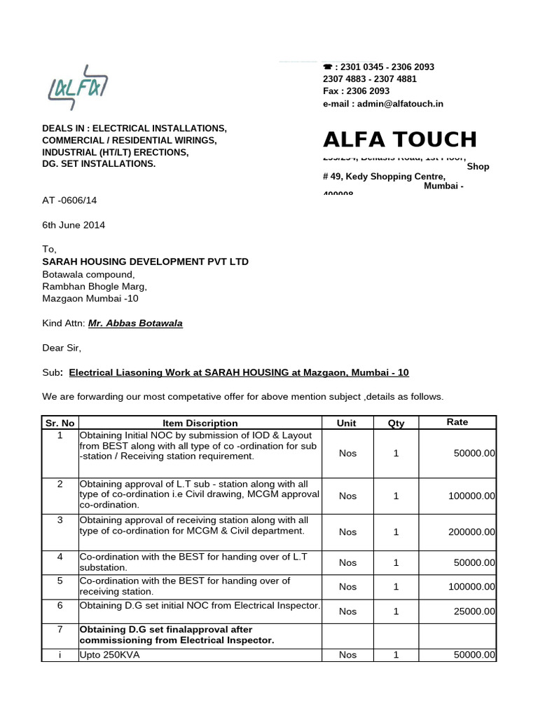 Electrical Liaison quotation-SAHARA HSG | PDF | Electric Power ...