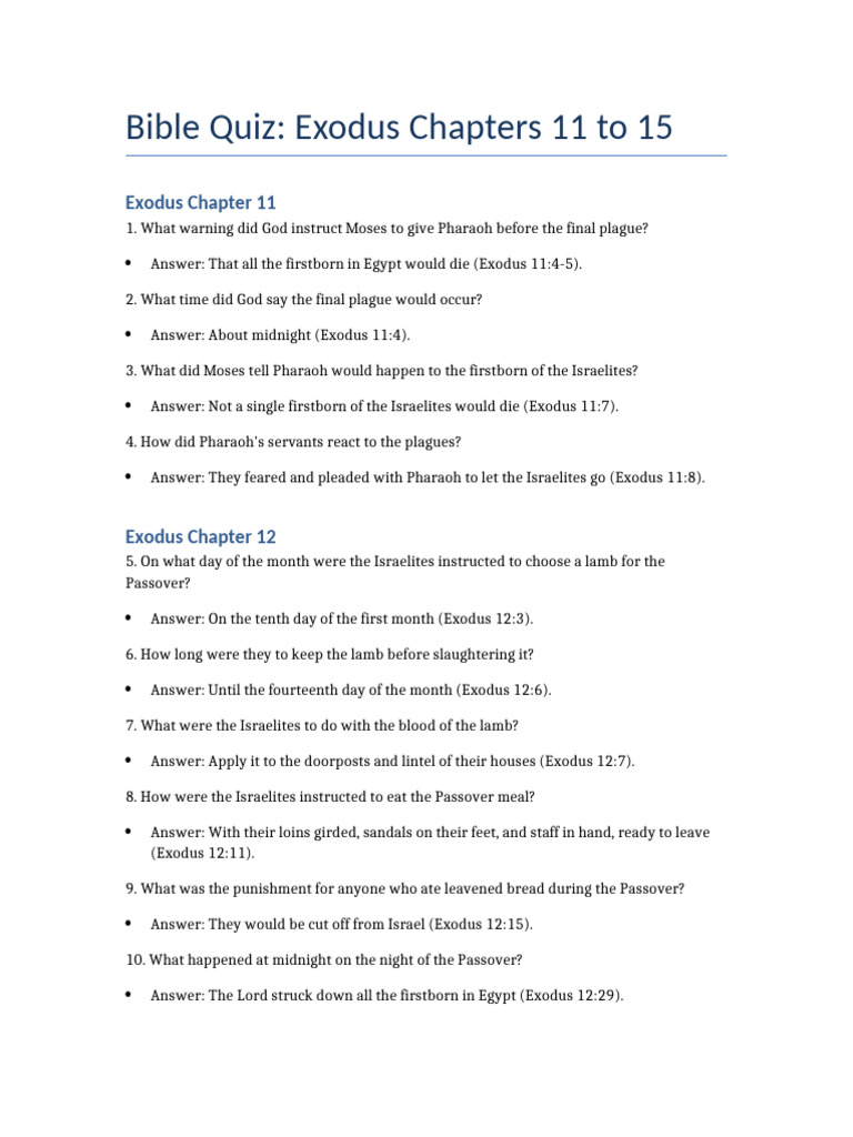 Exodus 11 To 15 Bible Quiz | PDF