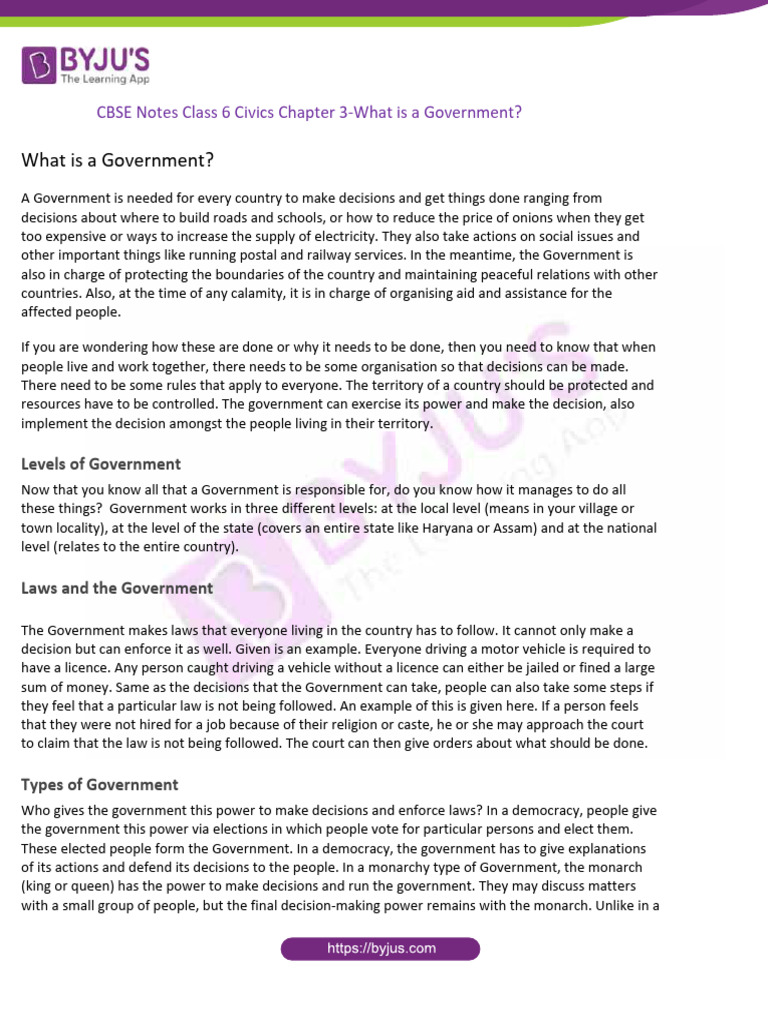 CBSE Notes Class 6 Social Science Civics Chapter 3 What Is A Government ...