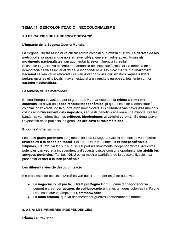 Tema 11. Descolonització I Neocolonialisme | PDF