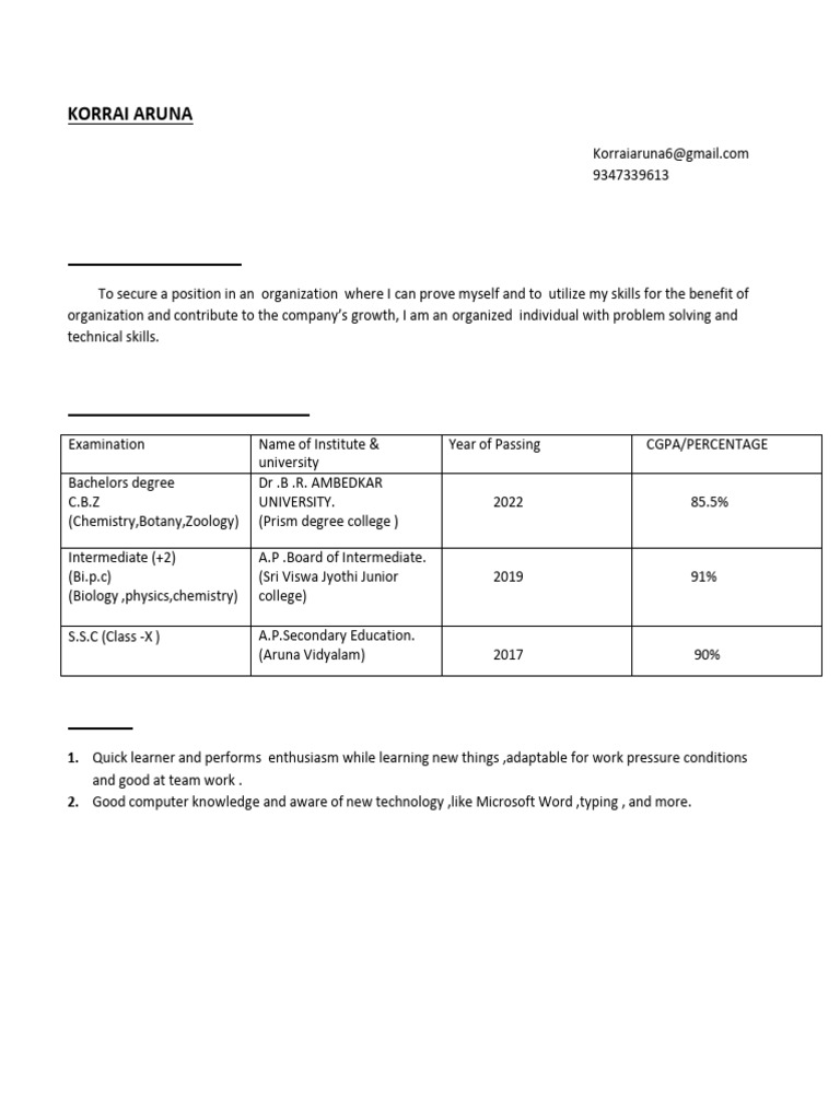 Aruna k Resume Simple | PDF