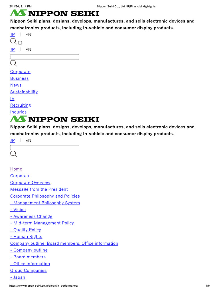 Nippon Seiki Co., Ltd._IR_Financial Highlights | PDF