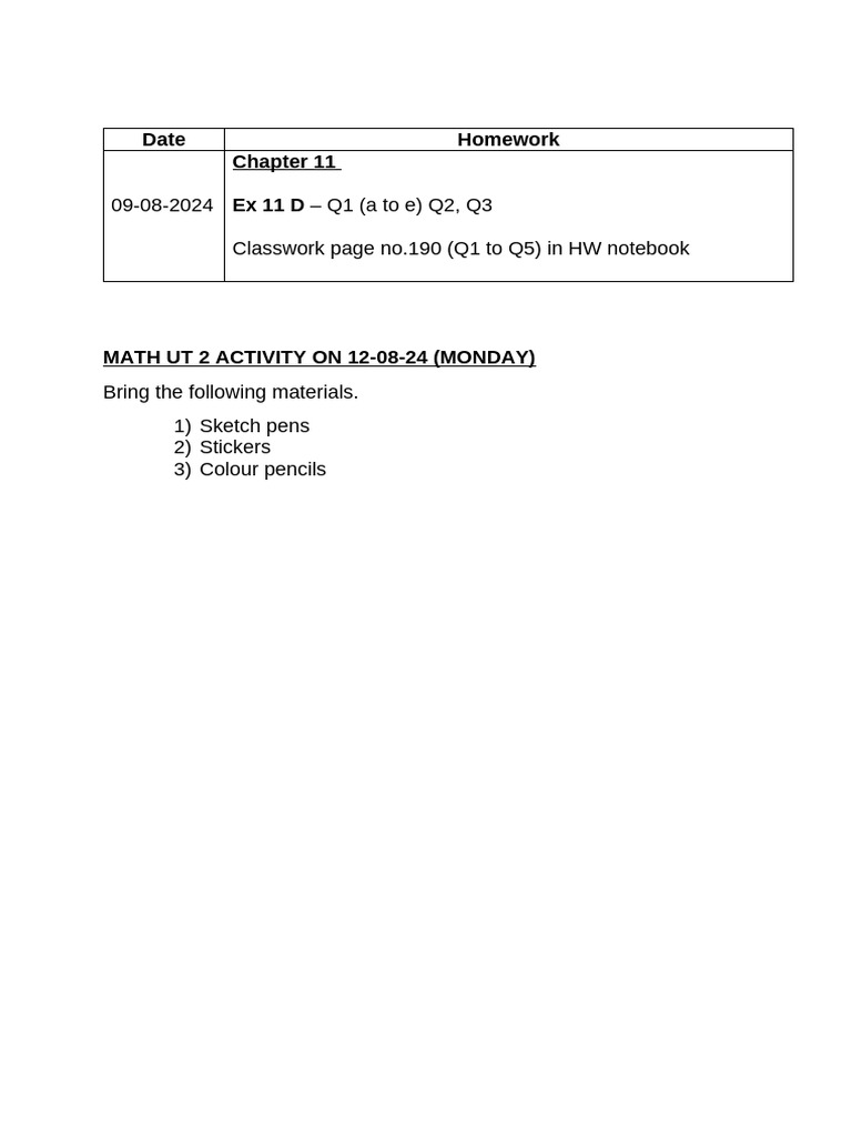 Date Homework Ex 11 D: 09-08-2024 - Q1 (A To E) Q2, Q3 Classwork Page No.190 (Q1 To Q5) in HW ...