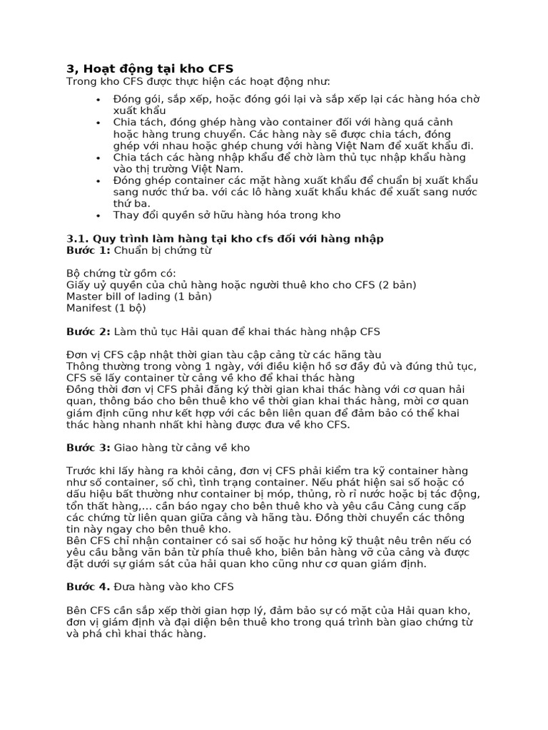 3, Hoạt động tại kho CFS: 3.1. Quy trình làm hàng tại kho cfs đối với hàng nhập Bước 1 | PDF