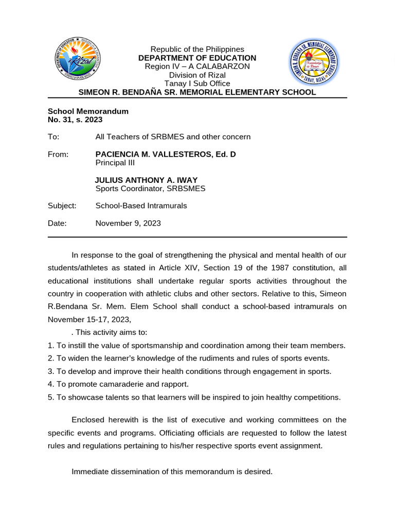 School Memo School Based Intramurals 2023 | PDF