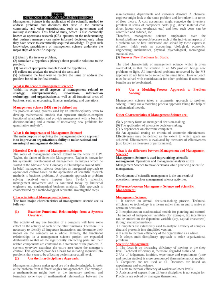Chapter 1 Introduction To Management Science | PDF