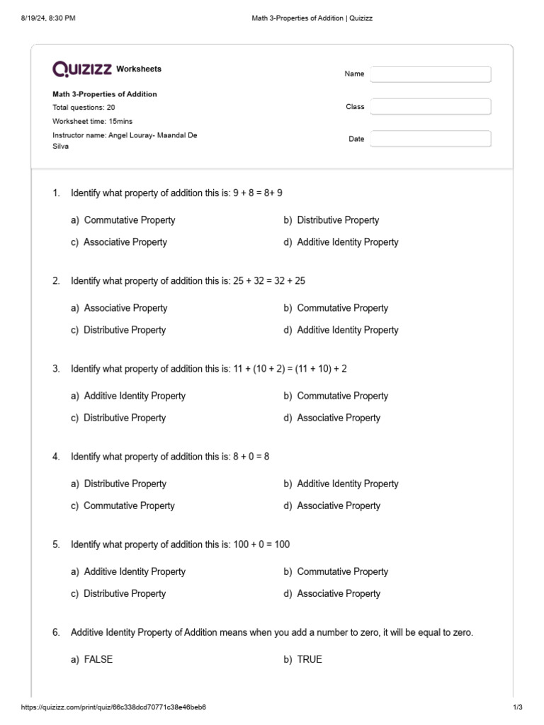 Math 3-Properties of Addition - Quizizz | PDF | Algebra | Mathematical ...