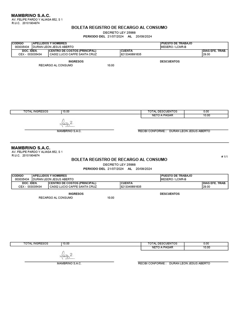 Boleta Registro de Recargo Al Consumo: Mambrino S.A.C | PDF