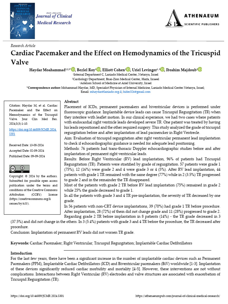 Cardiac Pacemaker And The Effect On Hemodynamics Of The Tricuspid Valve