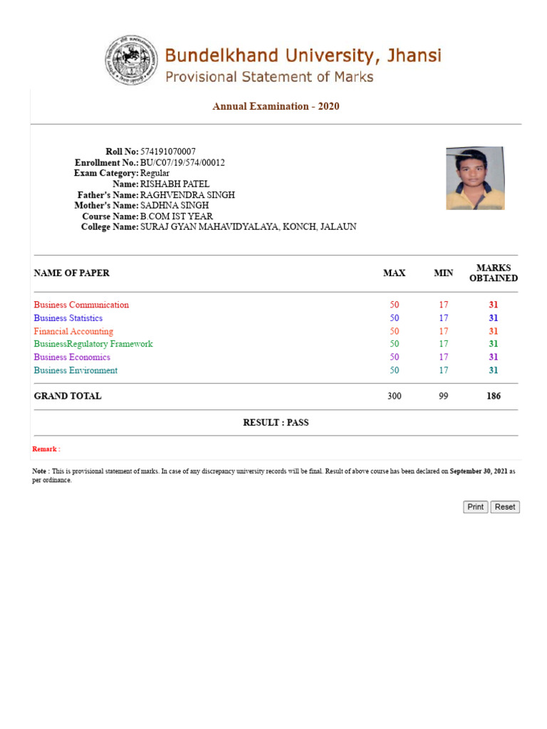 Rishabh Patel Bcom First Year Marksheet | PDF