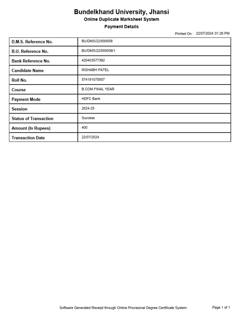 Rishabh Patel Duplicate Marksheet Fees Reciept | PDF