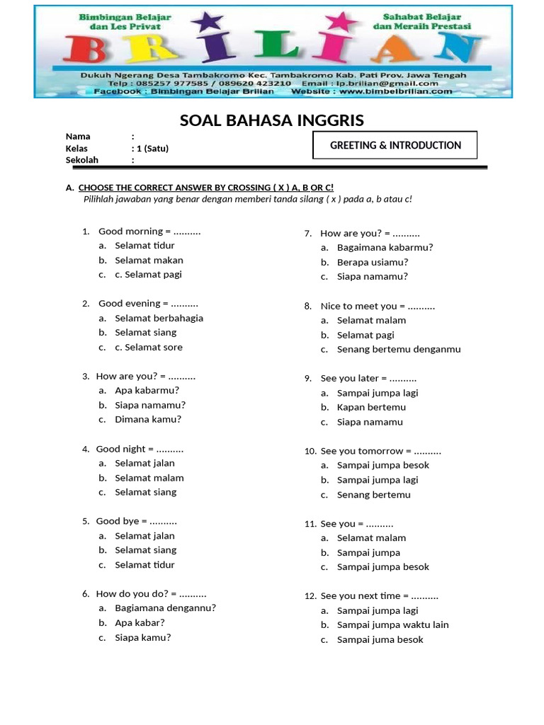Soal Greeting and Introduction Bahasa Inggris Kelas 1 SD | PDF