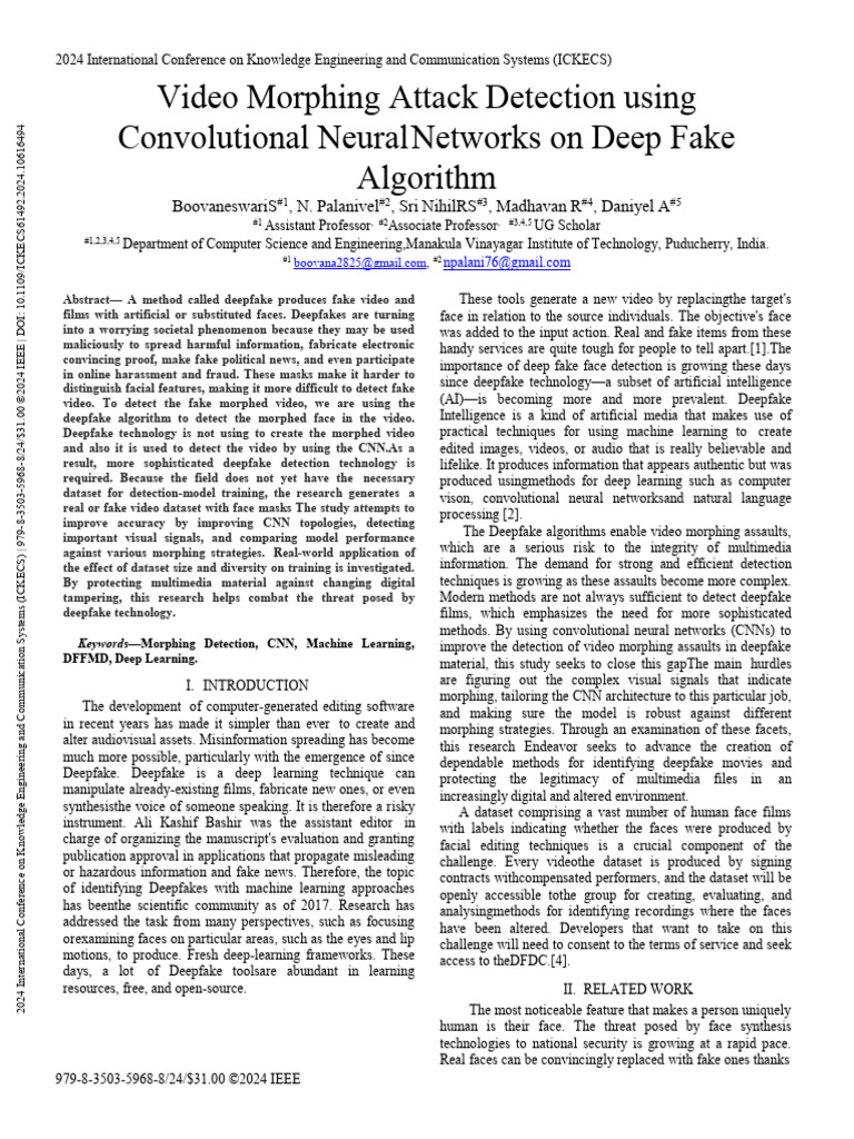 4video Morphing Attack Detection Using Convolutional Neural Networks On Deep Fake Algorithm | PDF
