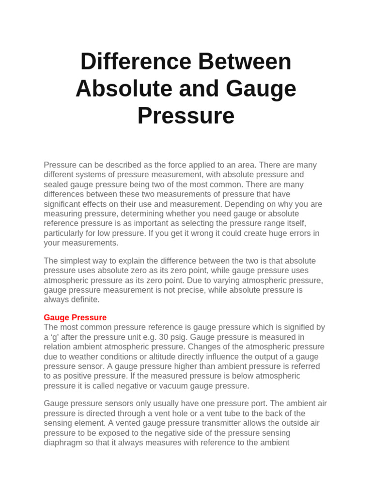Difference Between Absolute and Gauge Pressure | PDF