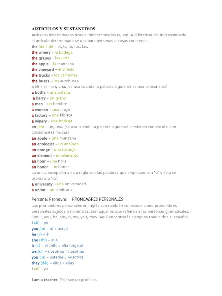 Articulos y Sustantivos | PDF | Pronombre | Sintaxis