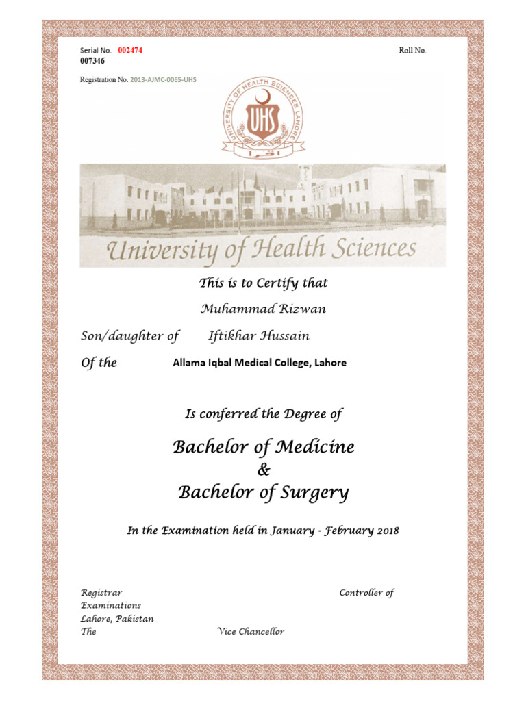 UHS MBBS Degree Certificate for Rizwan | PDF